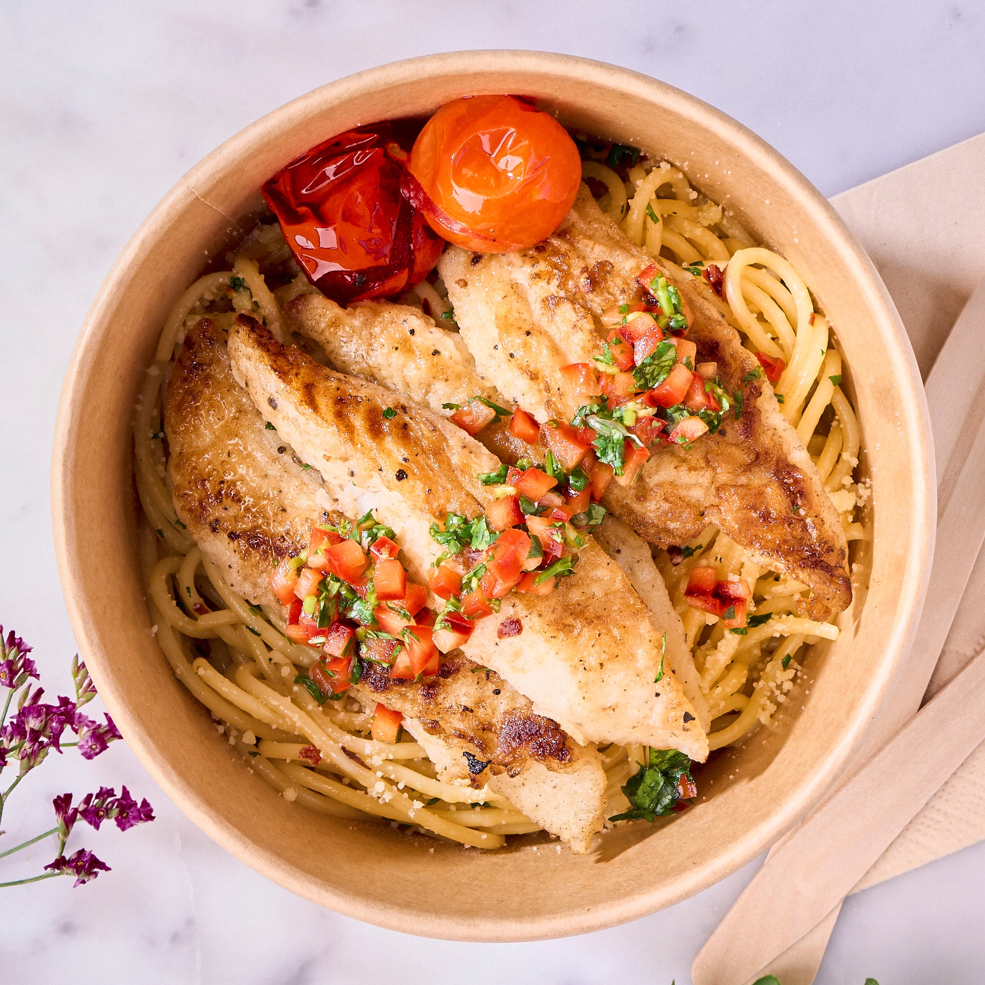 Tomato Caper Salsa Fish Aglio Olio Bowl | Halal Catering SG – All ...